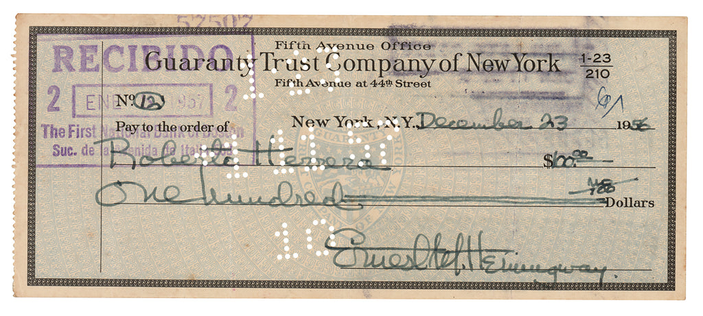 RARE ERNEST HEMINGWAY SIGNED CHECK WITH PHOTOGRAPH – Zazoo Fine Art Gallery