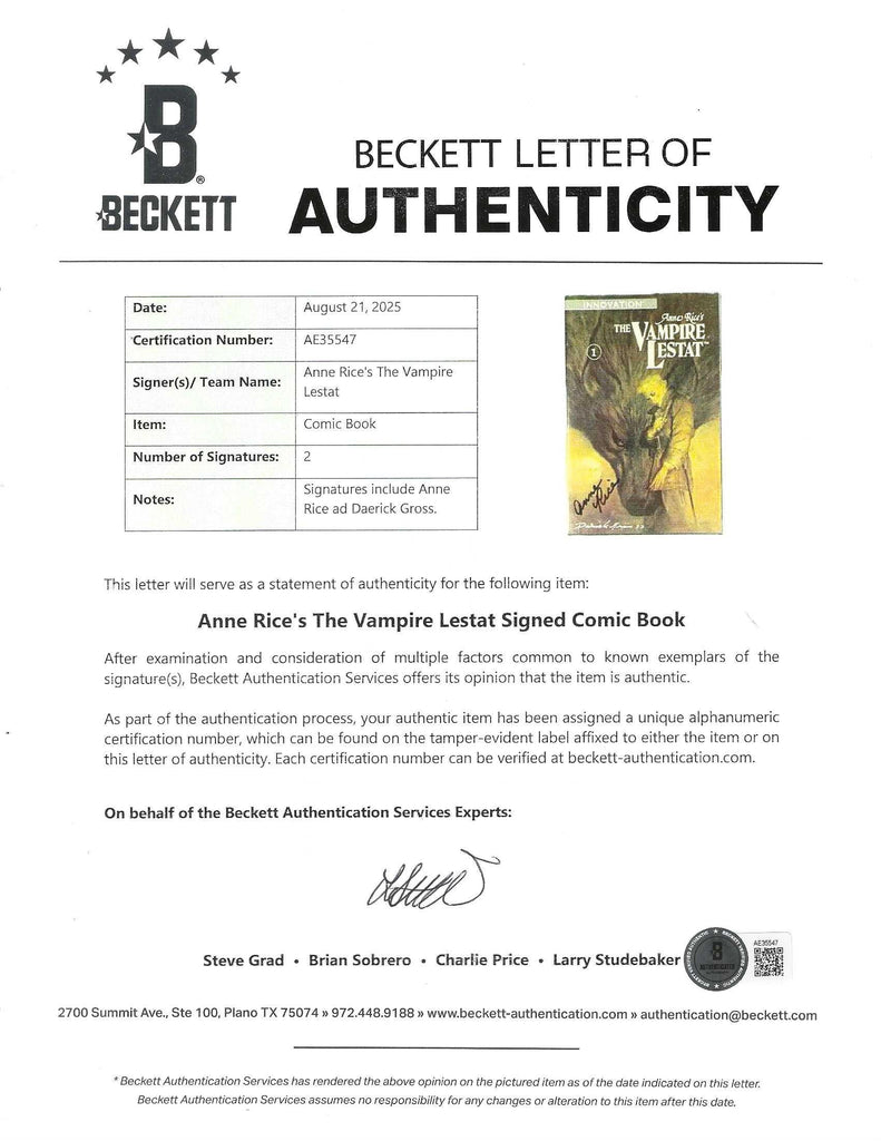 ANNE RICE HAND-SIGNED VOL 1 THE VAMPIRE LESTAT ™ COMIC BOOK – Zazoo ...