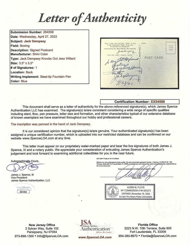 RARE HAND-SIGNED JACK DEMPSEY POSTCARD SET-UP – Zazoo Fine Art Gallery