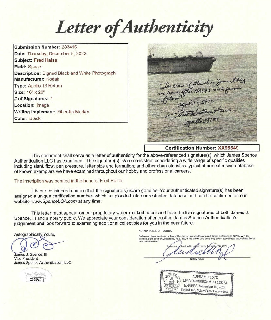 APOLLO 13 RECOVERY~ USS IWO JIMA PHOTOGRAPH HAND-SIGNED BY FRED HAISE ...